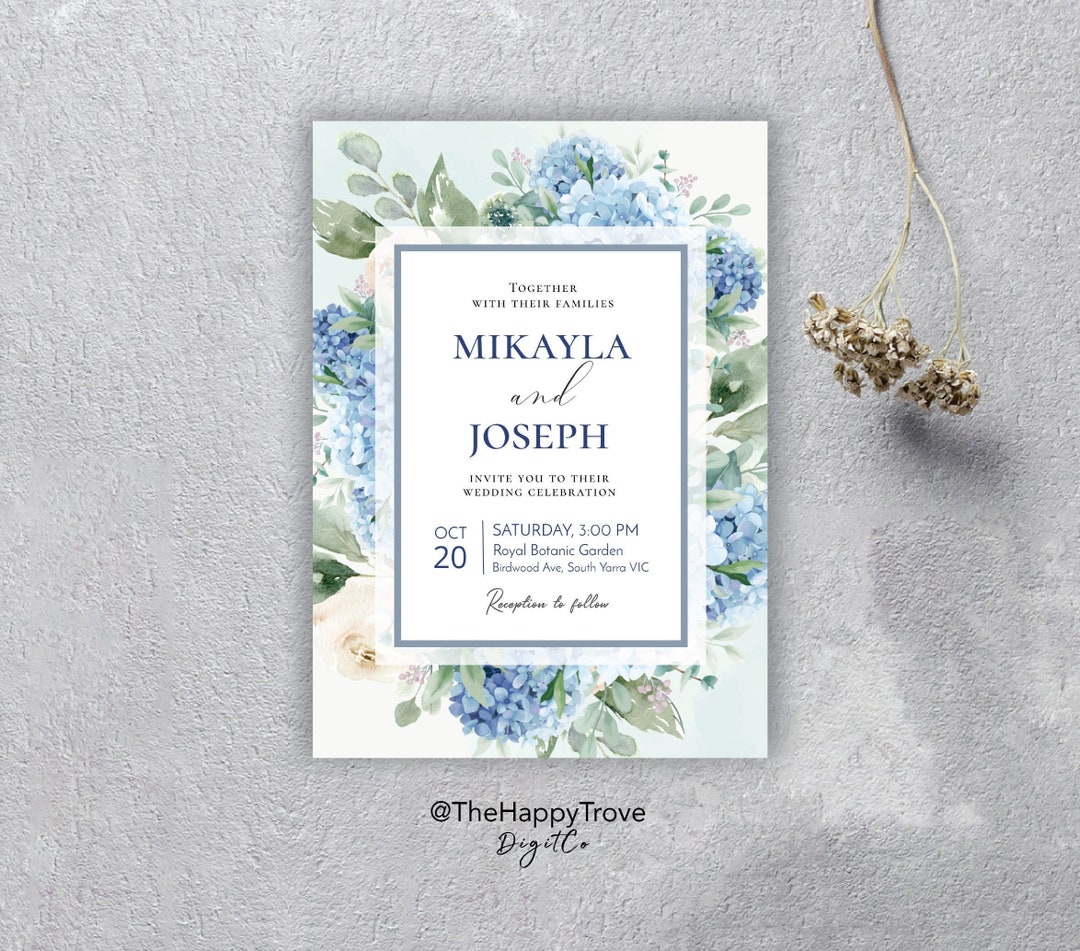 SINI Blue Hydrangea Themed Printable Wedding Invitation, Editable ...