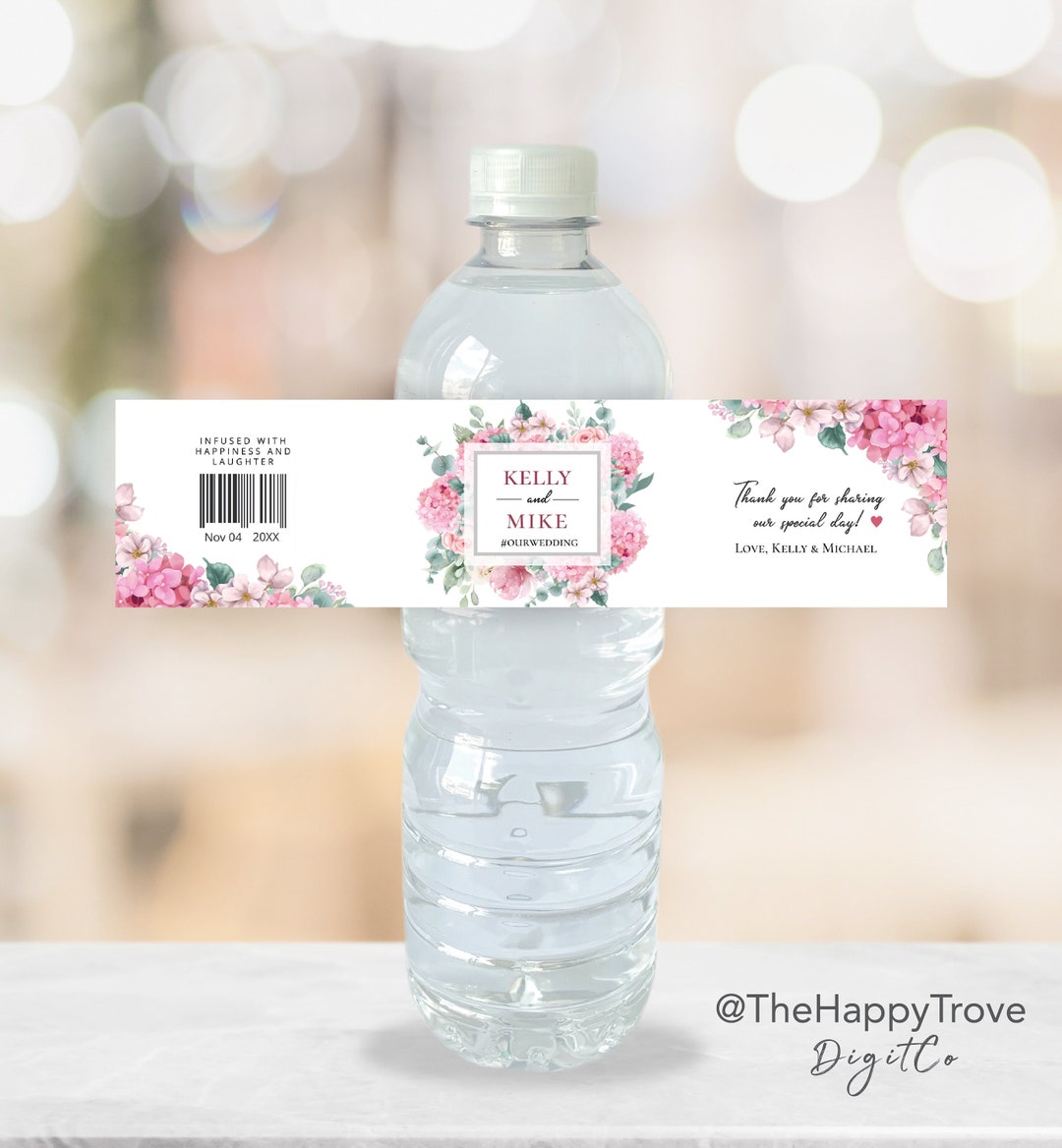 ELKE Pink Hydrangea Water Bottle Label Hot Pink Water Bottle Label ...