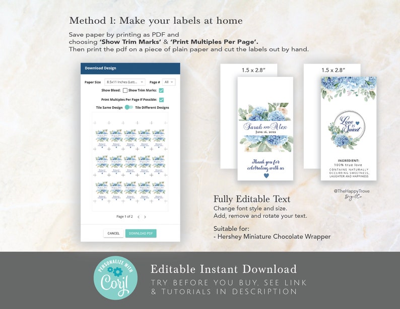 Blue Hydrangea Mini Chocolate Bar Wrapper Template: Wedding/shower ...
