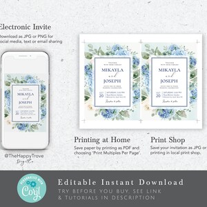 SINI Blue Hydrangea Themed Printable Wedding Invitation, Editable ...