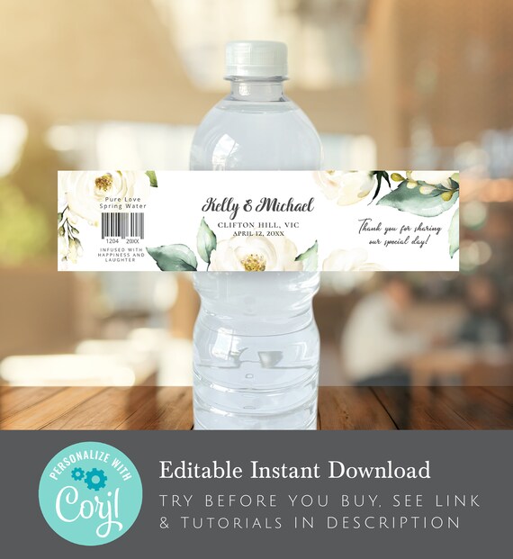 Greenery & White Floral Water Bottle Label Editable Digital - Etsy