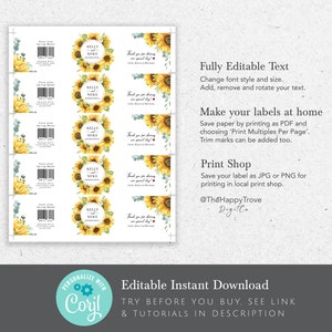 Sunflower Themed Water Bottle Label, Editable Digital Instant Download ...