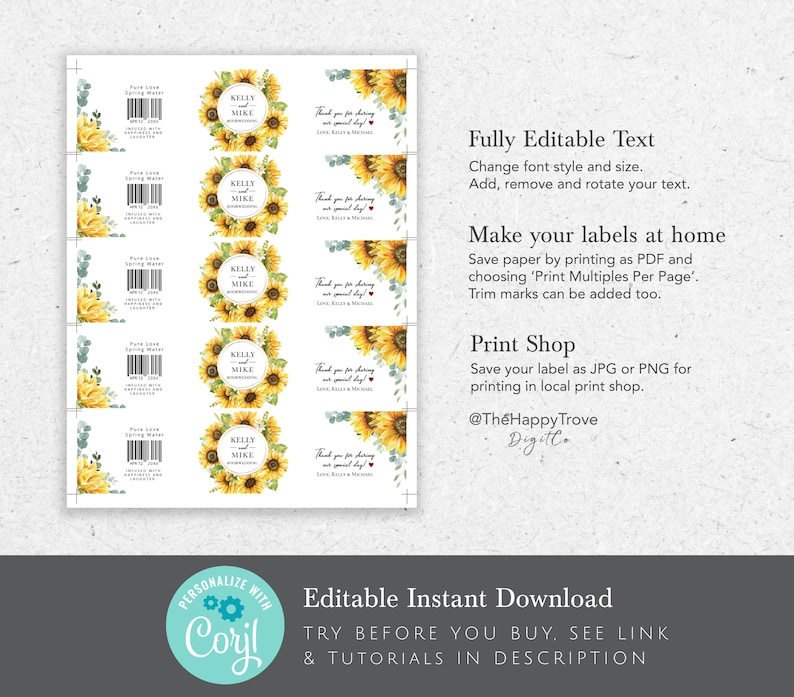 Sunflower Themed Water Bottle Label Editable Digital Instant - Etsy