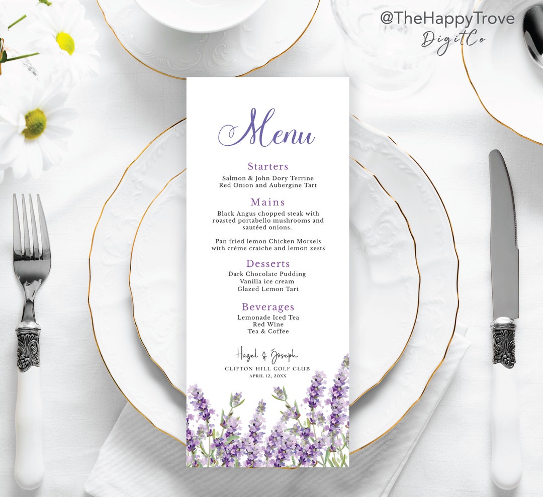 Lavender Menu, Editable Digital Instant Download, Template 3.75"x9", 4 ...