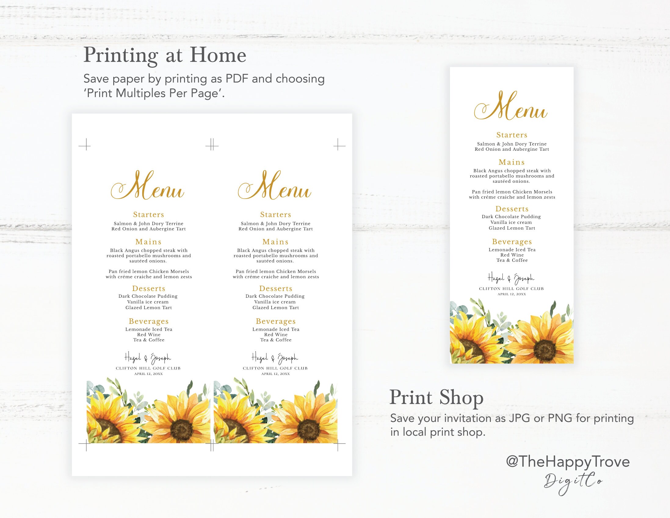 Sunflower Menu Editable Digital Instant Download Template | Etsy