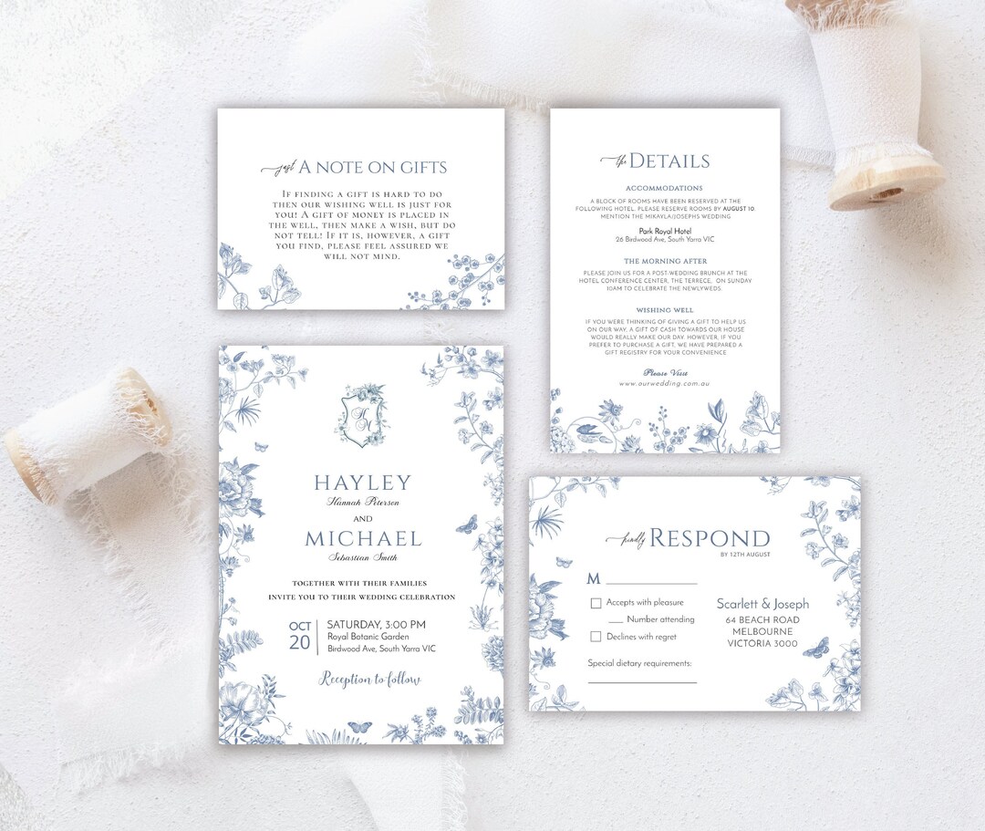 VICTORIA Regency Blue French Garden Wedding Invite Set Dusty Blue ...