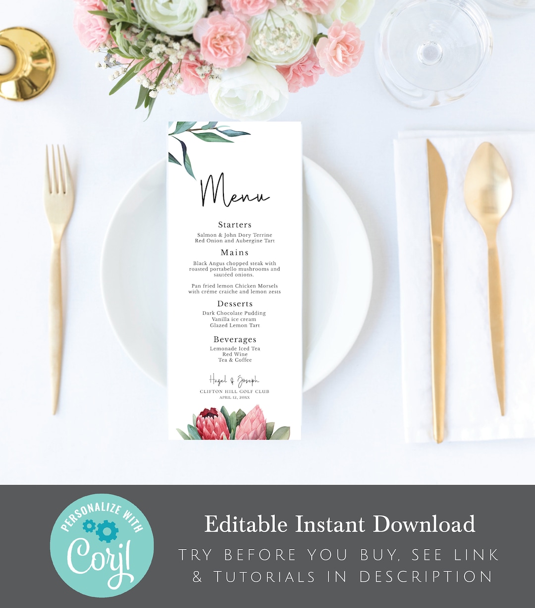 Protea Printable Menu, Editable Digital Instant Download, Template 3.75 ...