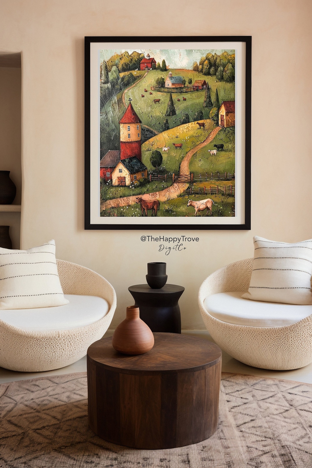 FOLK ART Farm House Oil Painting Wall Art Cozy Wall Decor Greenery Wall ...