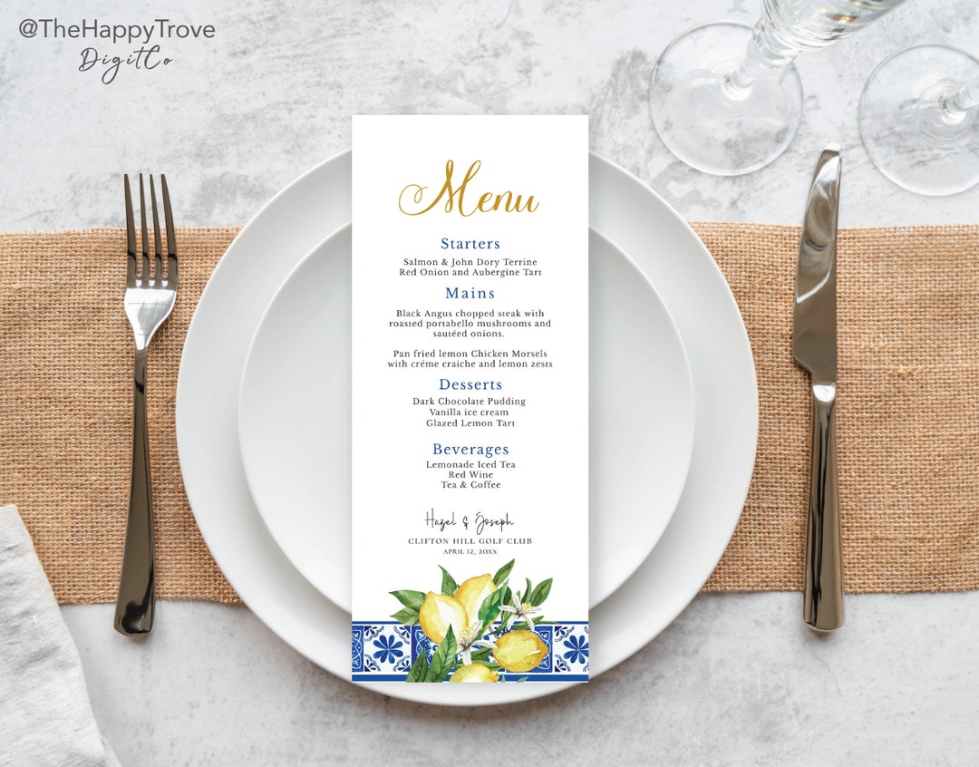Blue Tiles Lemon Menu, Editable Digital Instant Download, Template 3.75 ...
