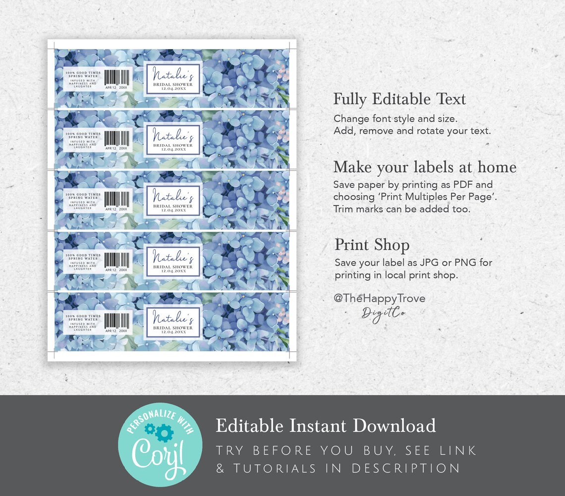 SINI Blue Hydrangea Water Bottle Label Editable Digital - Etsy