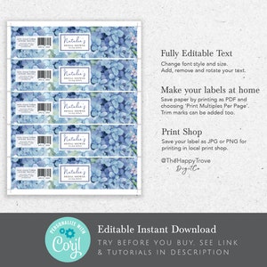 SINI Blue Hydrangea Water Bottle Label, Editable Digital Instant ...
