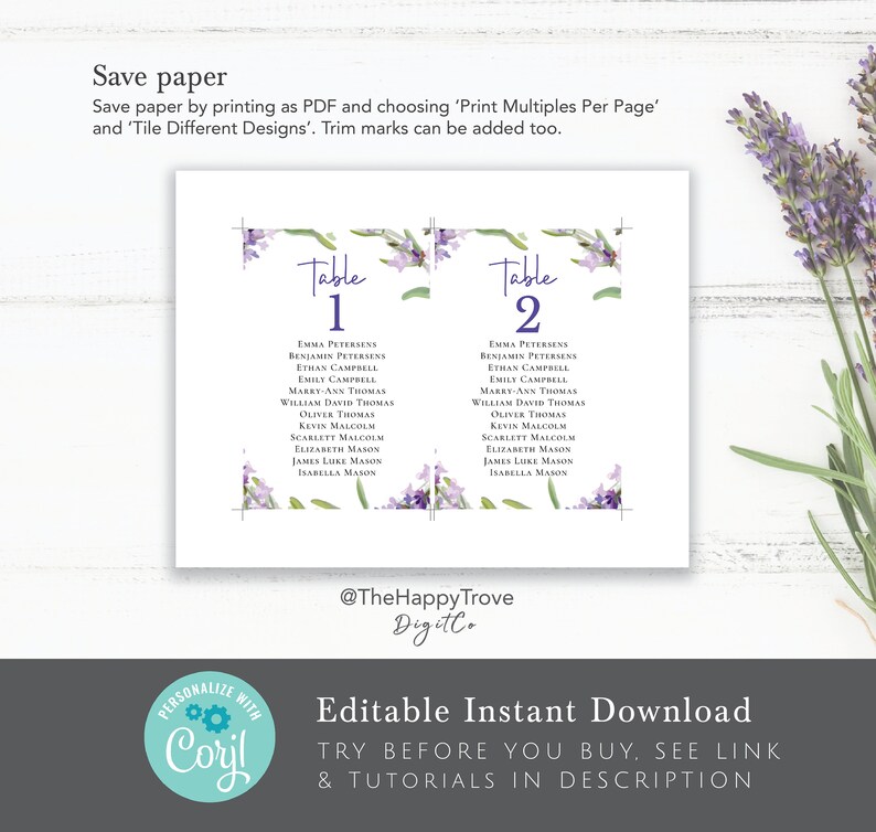 Lavender Seating Chart Set Find Your Seat Editable Digital - Etsy