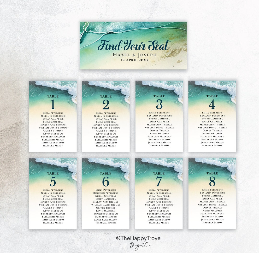 GENY Beach Themed Seating Chart Set, Waves, Sea Foam, Ocean, Aqua ...
