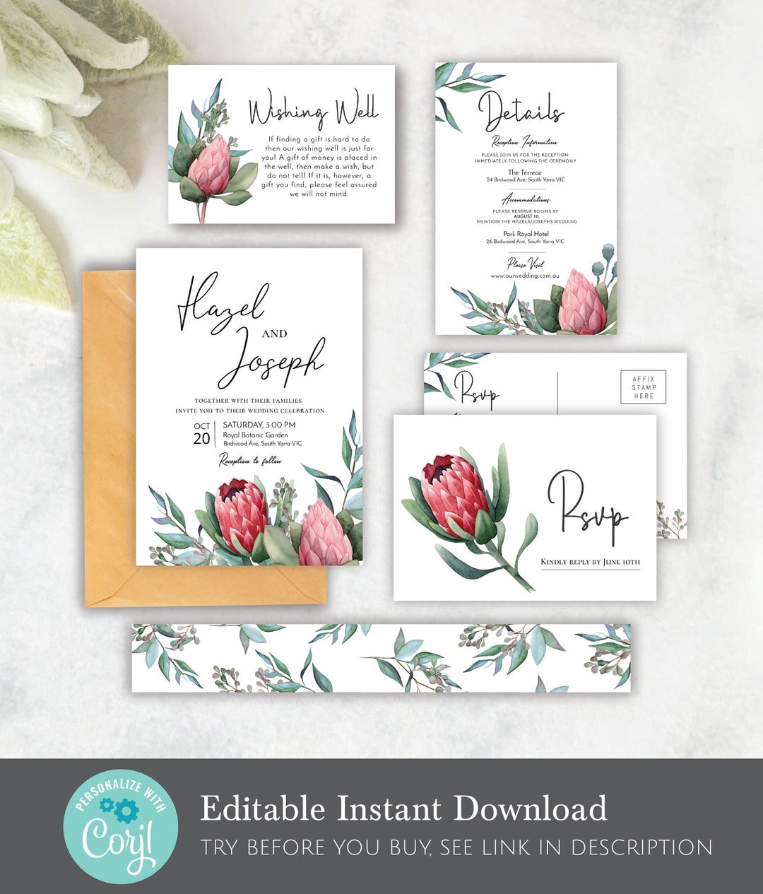 Protea Printable Wedding Invitation Set, Editable Instant Download ...