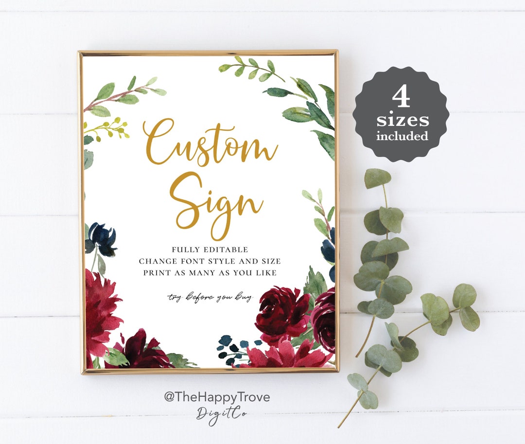 Burgundy Themed Custom Signs, Editable Digital Instant Download ...
