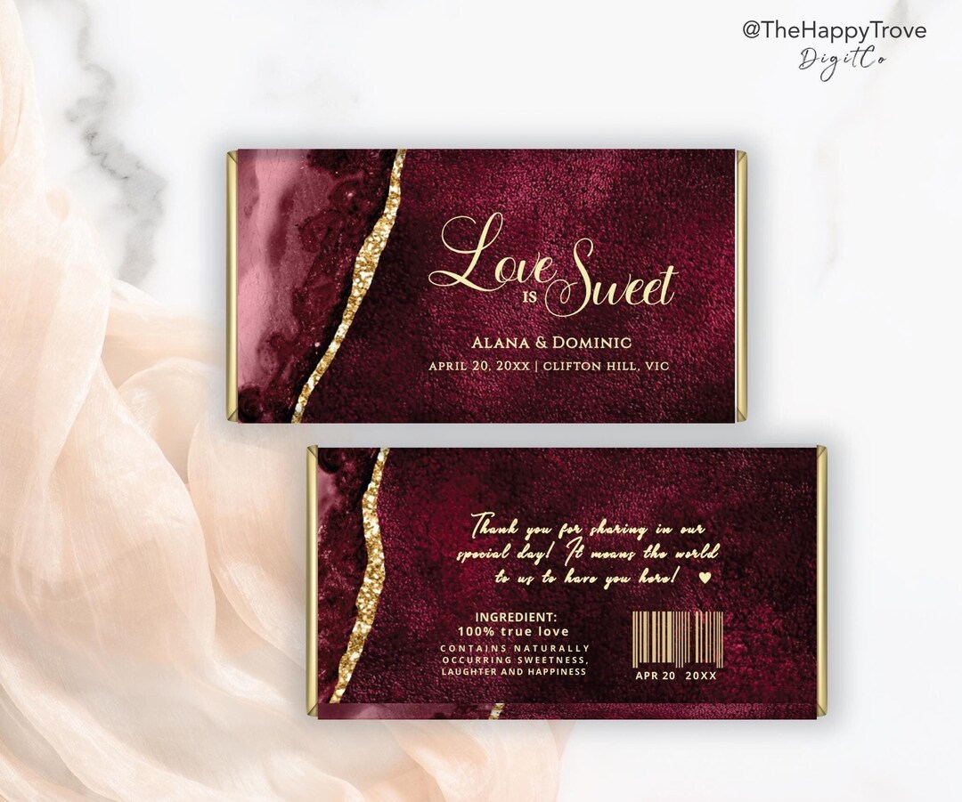 GRACE Burgundy & Gold Chocolate Bar Wrapper, Maroon Red Gold Thank You ...