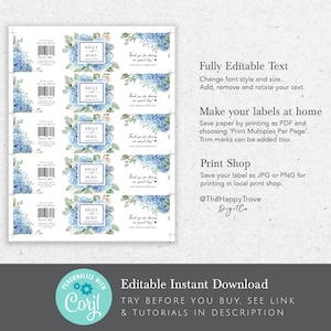 SINI Blue Hydrangea Water Bottle Label, Editable Digital Instant ...