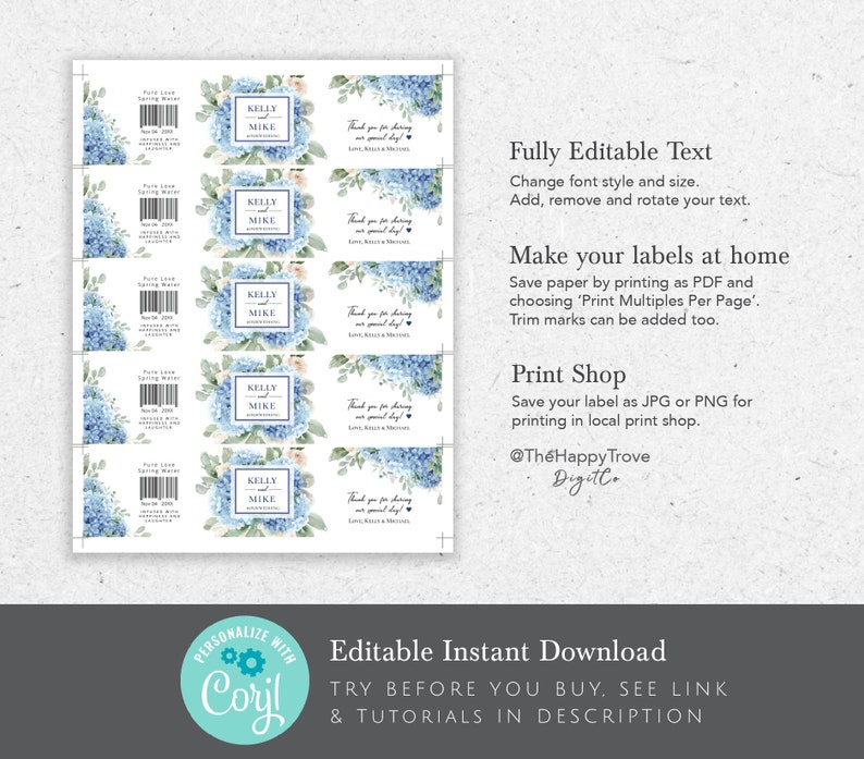 SINI Blue Hydrangea Water Bottle Label, Editable Digital Instant ...