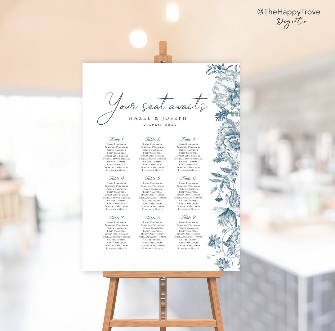 ALIZEE Dusty Blue Seating Chart Sign, Poster Editable Digital Instant ...