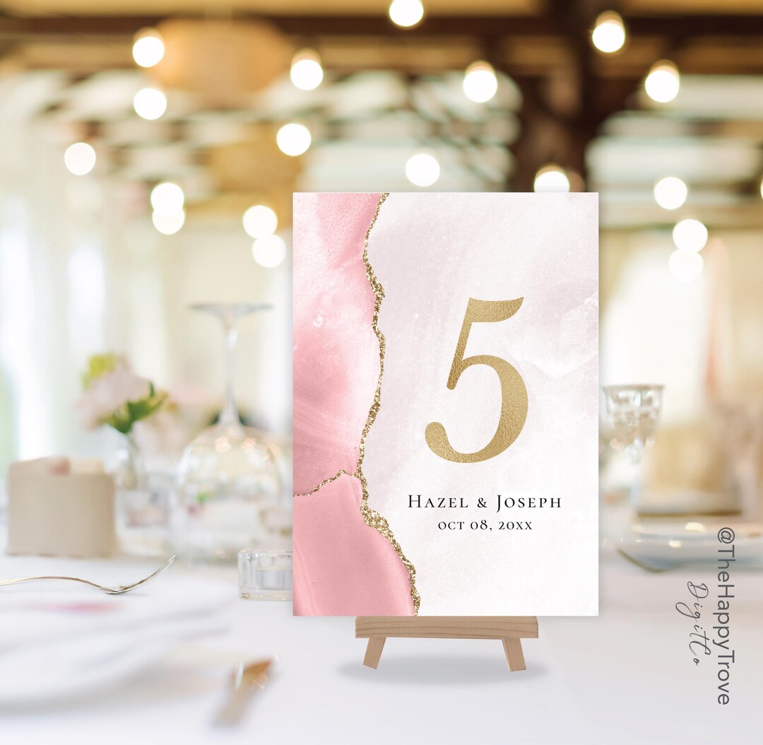 RUZA Pink & Gold Table Number Signs, Blush Gold Table Sign, Pale Pink ...