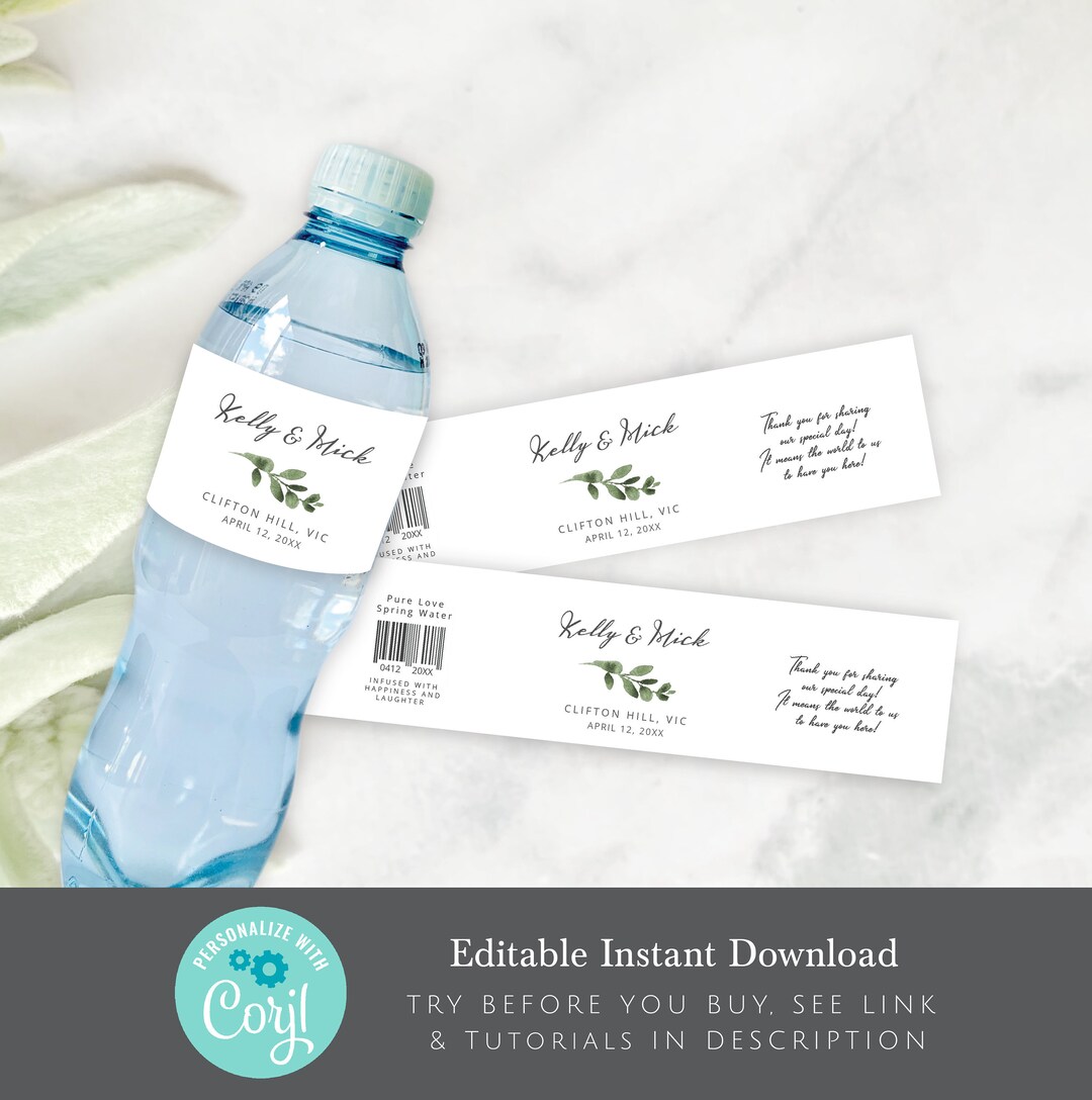 Greenery Water Bottle Label, Editable Digital Instant Download ...