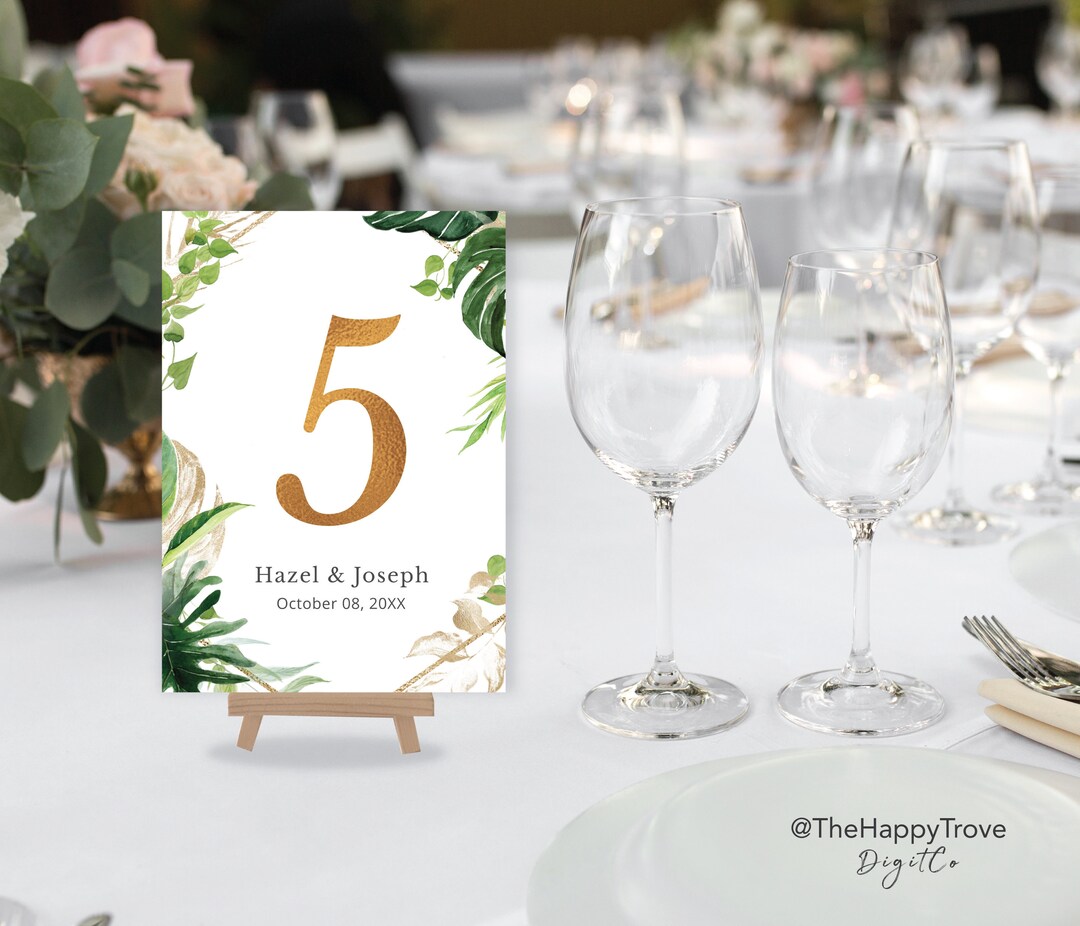 Tropical & Gold Themed Table Number Signs, Editable Digital Instant ...