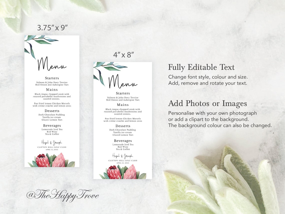 Protea Printable Menu Editable Digital Instant Download - Etsy Australia