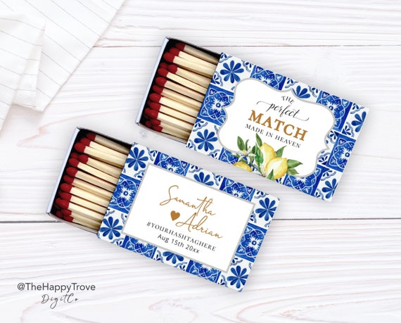 Blue Tiles Lemon Matchbox Label the Perfect Match Wedding | Etsy