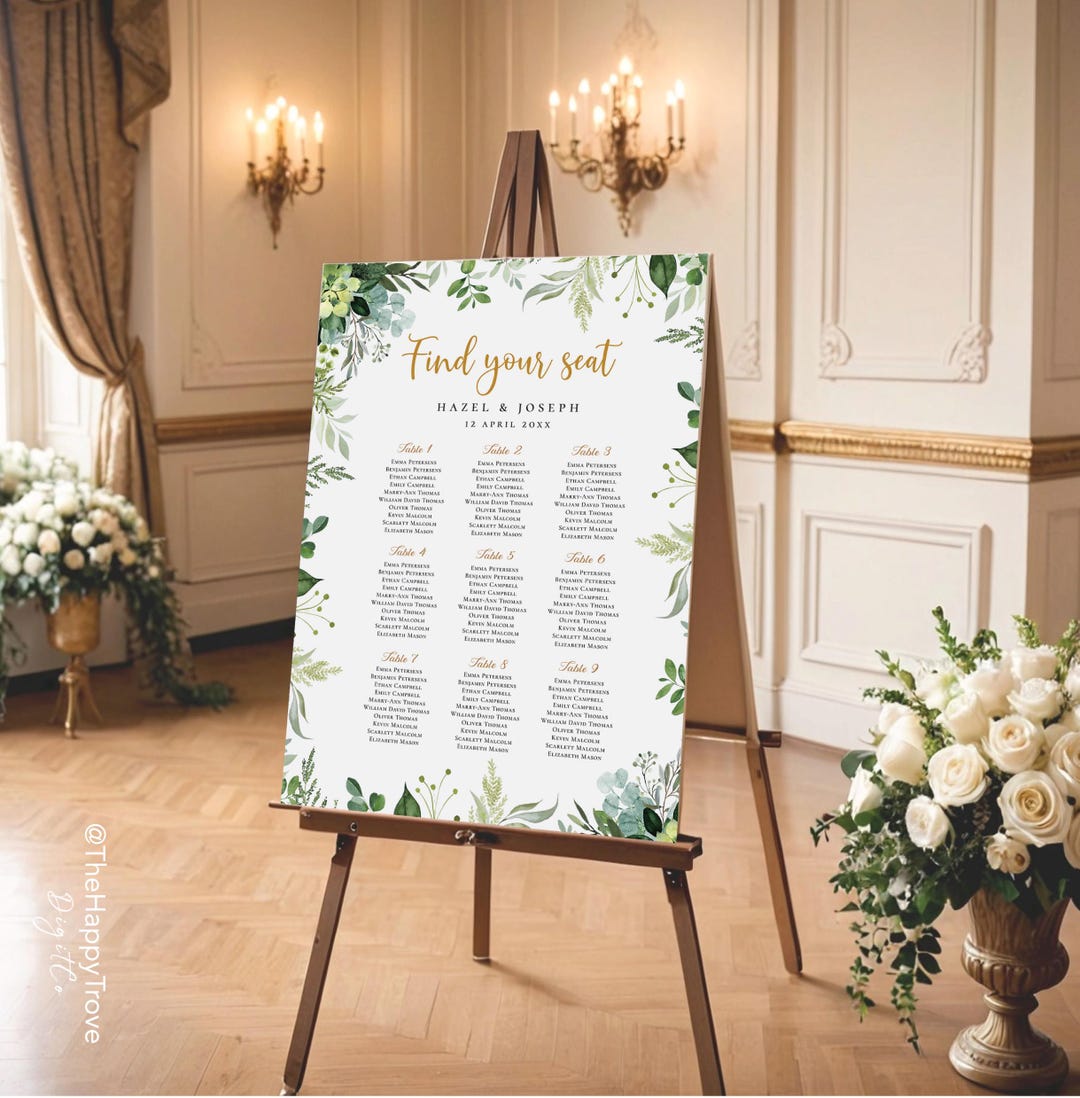 Greenery Gold Wedding Seating Chart | Vertical Printable Sign | Elegant ...