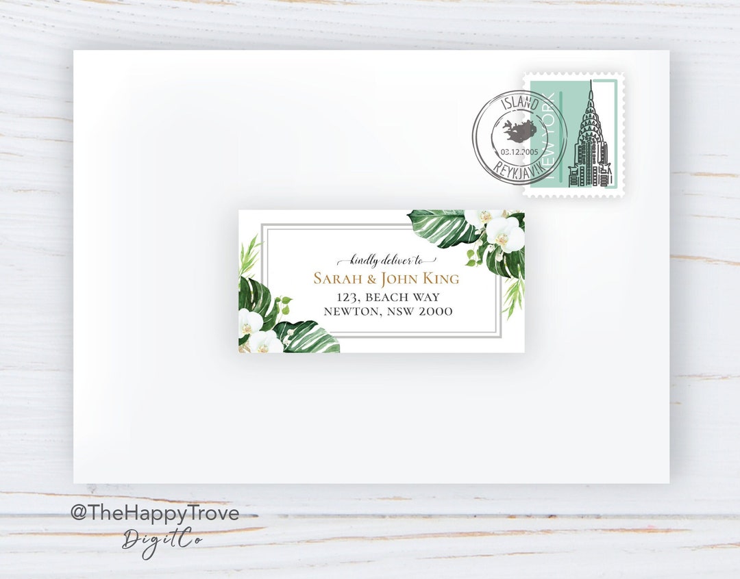 SUZANA Tropical Green Gold White Orchid Address Label Tropical ...