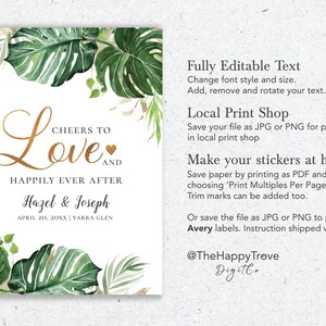 Tropical & Gold Wine Label, Wedding, Bridal Shower, Editable Instant ...