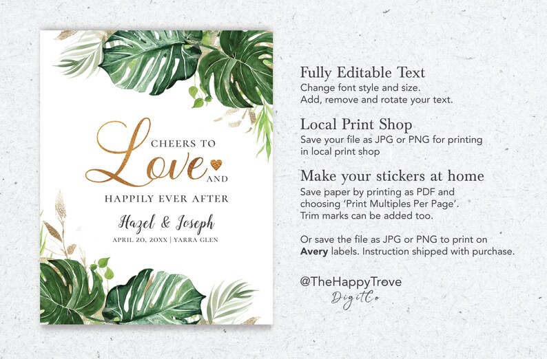 Tropical & Gold Wine Label Wedding Bridal Shower Editable - Etsy