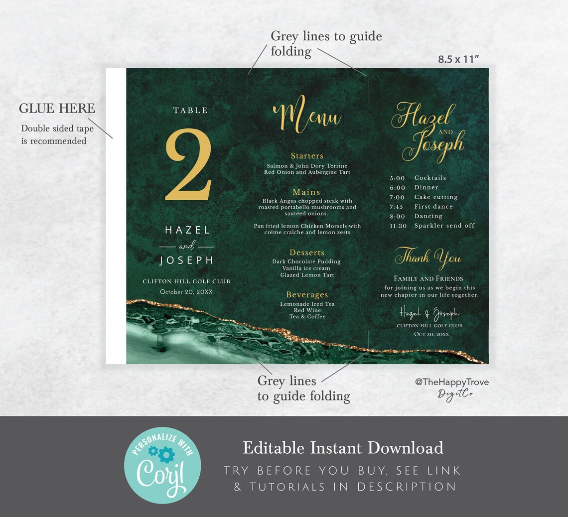 VERDA Emerald Green & Gold Tri-fold Menu Stand Table Number - Etsy