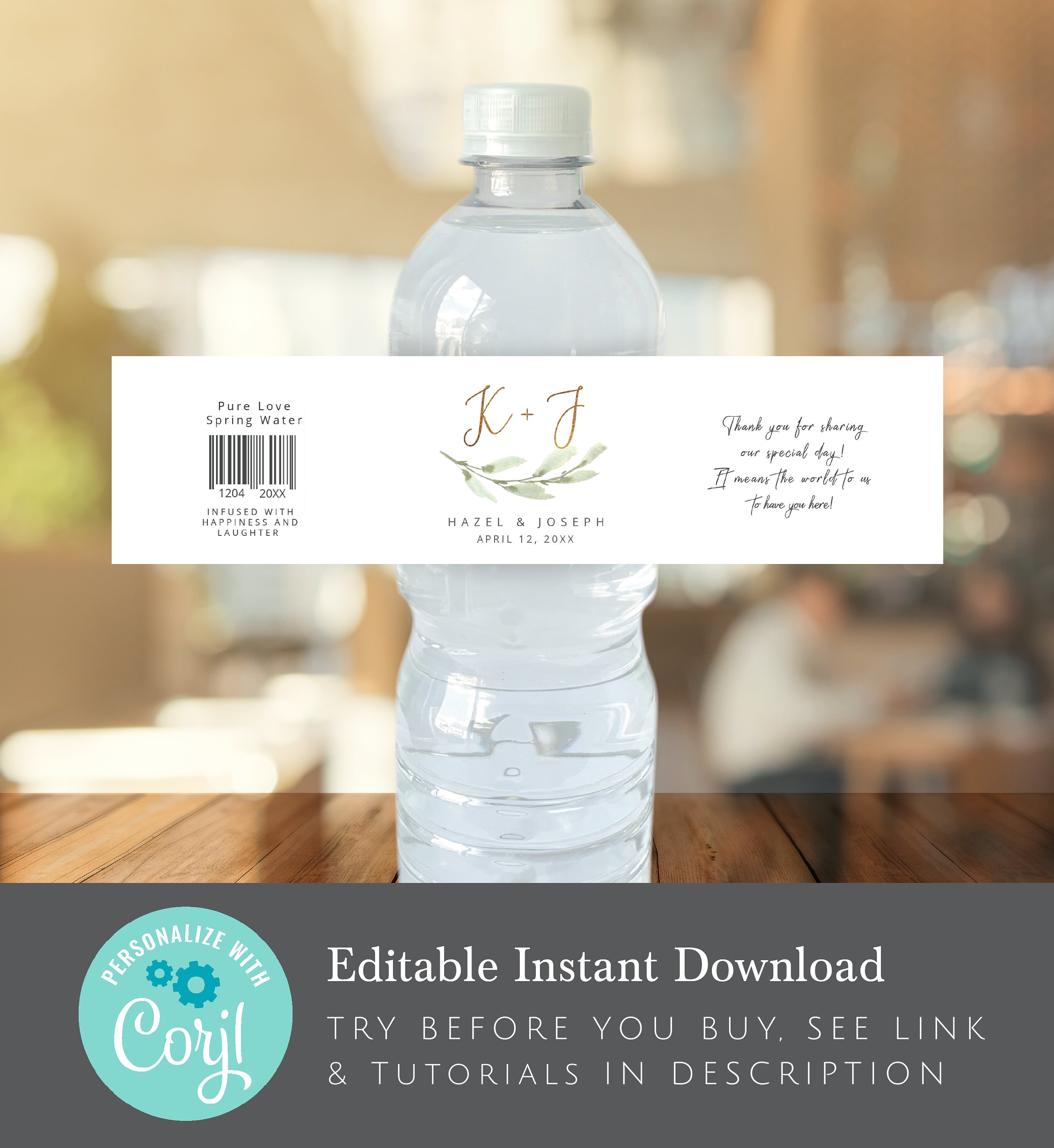 Greenery & Gold water bottle label editable digital instant | Etsy