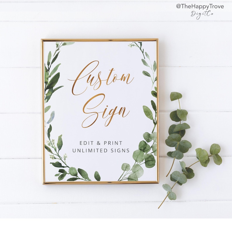 Greenery & Gold Custom Sign Template: Editable Wedding, Bridal Shower ...
