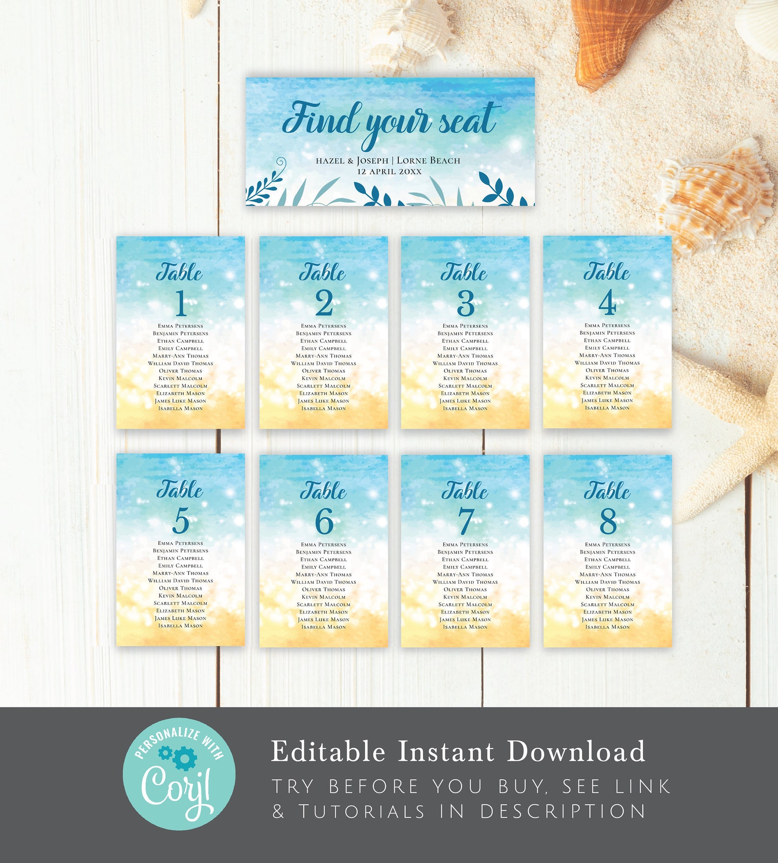 Beach Themed Seating Chart Set Editable Digital Instant - Etsy Australia