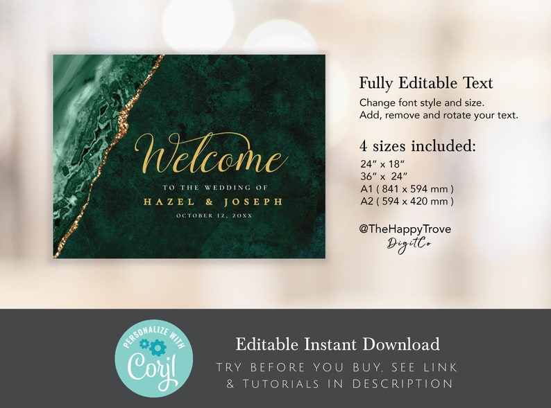 Emerald Green & Gold Wedding Welcome Sign (digital Download) VERDA - Etsy