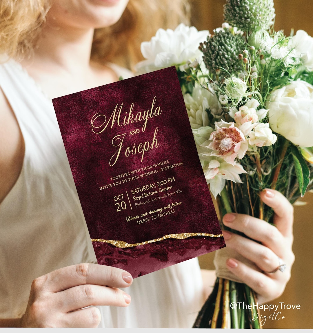 GRACE Burgundy & Gold Printable Wedding Invitation, Maroon Gold Wedding ...
