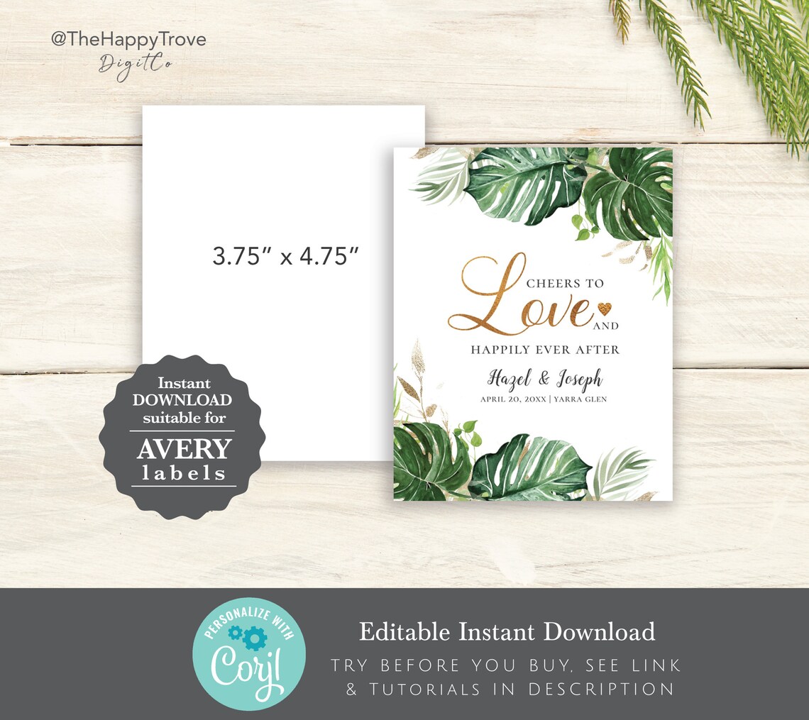 Tropical & Gold Wine Label Wedding Bridal Shower Editable | Etsy