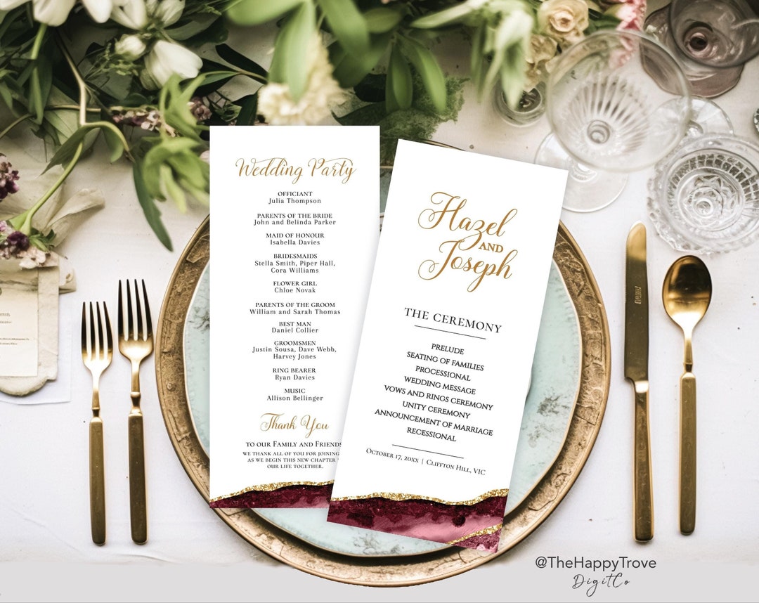 GRACE Burgundy & Gold Wedding Program, 3.75"x9", 4"x9" Portrait, Red ...