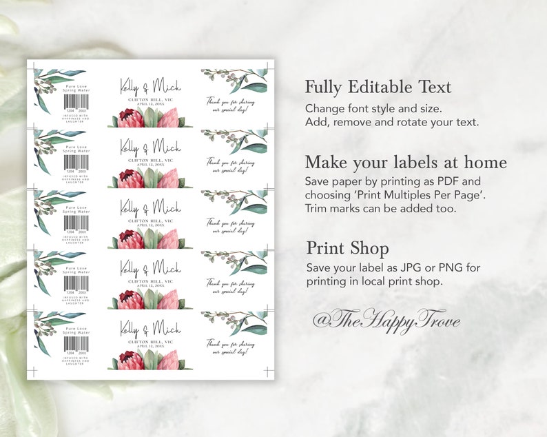 Protea Themed Water Bottle Label Editable Digital Instant - Etsy