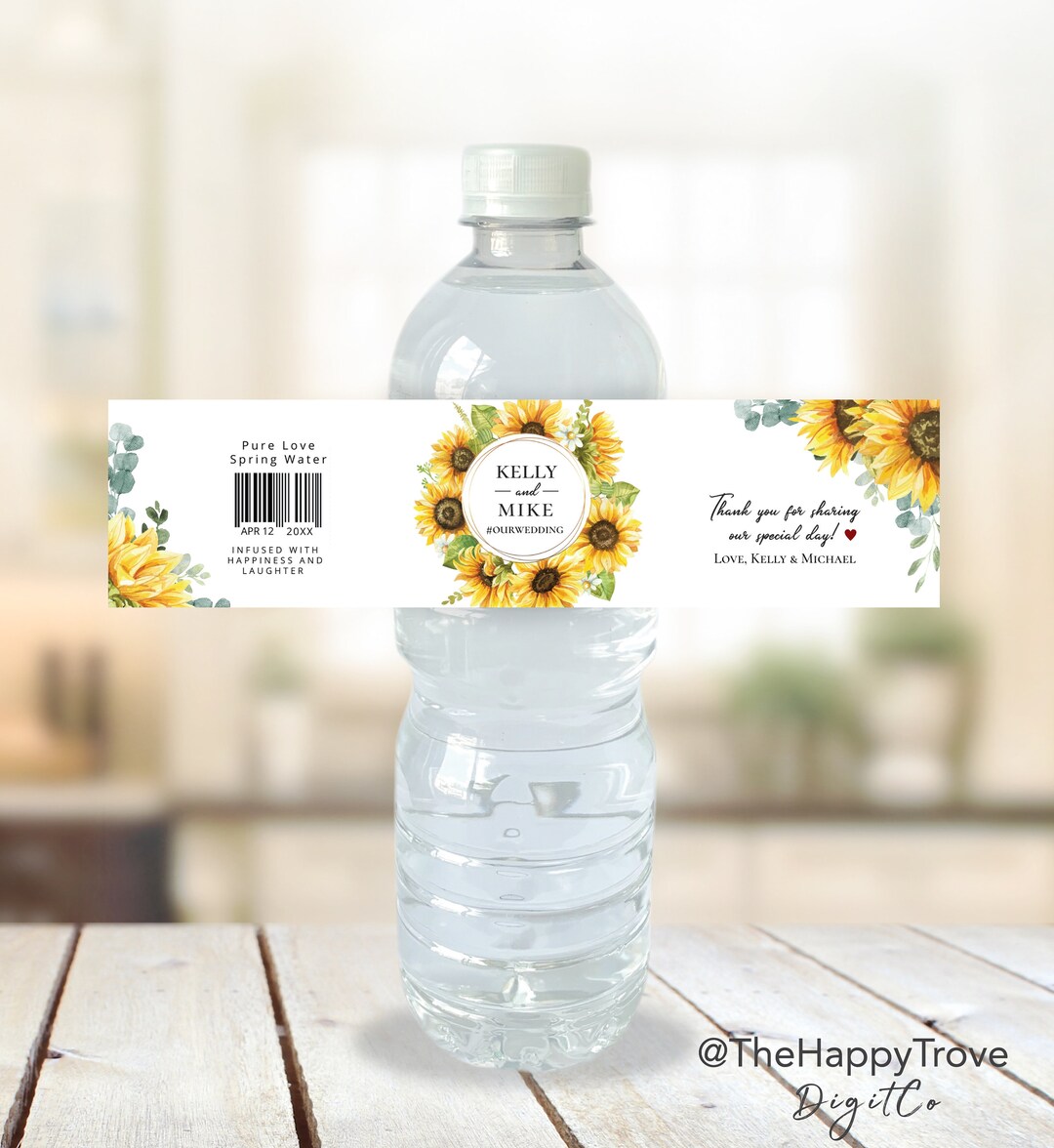 Sunflower Themed Water Bottle Label, Editable Digital Instant Download ...