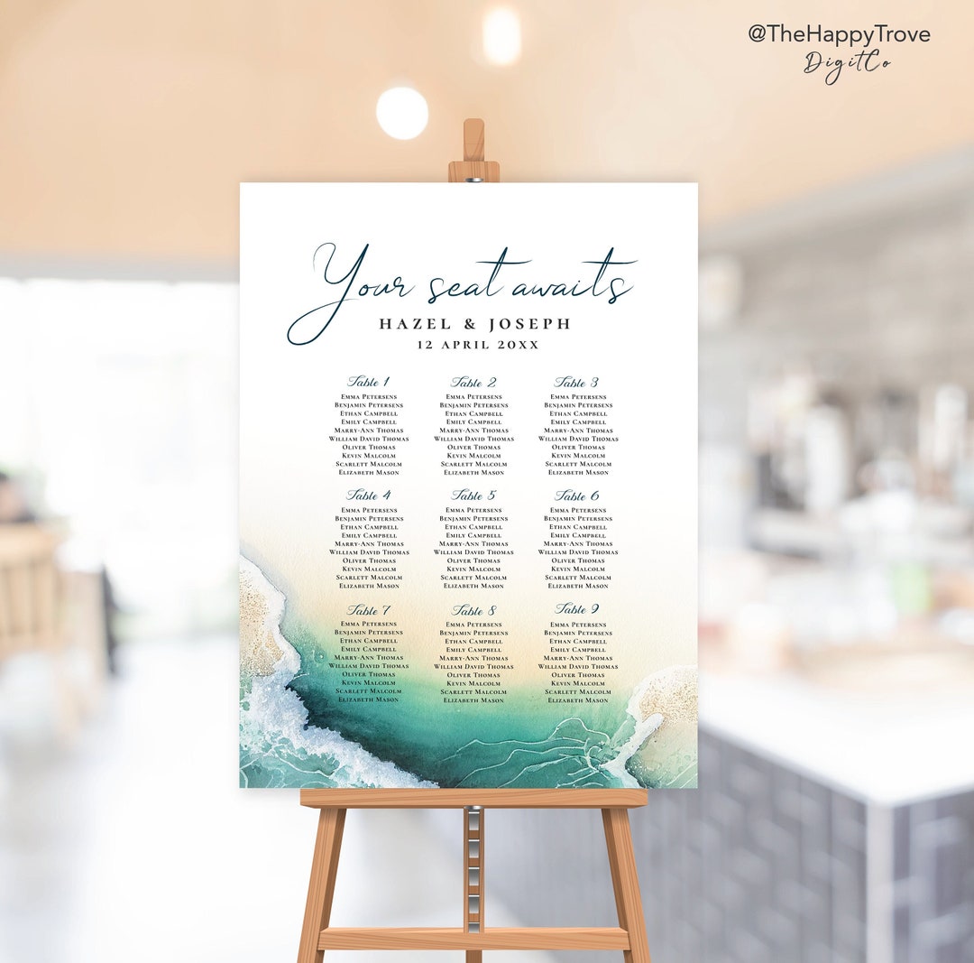 GENY Beach Themed Seating Chart Sign, Waves, Sea Foam, Ocean, Aqua ...