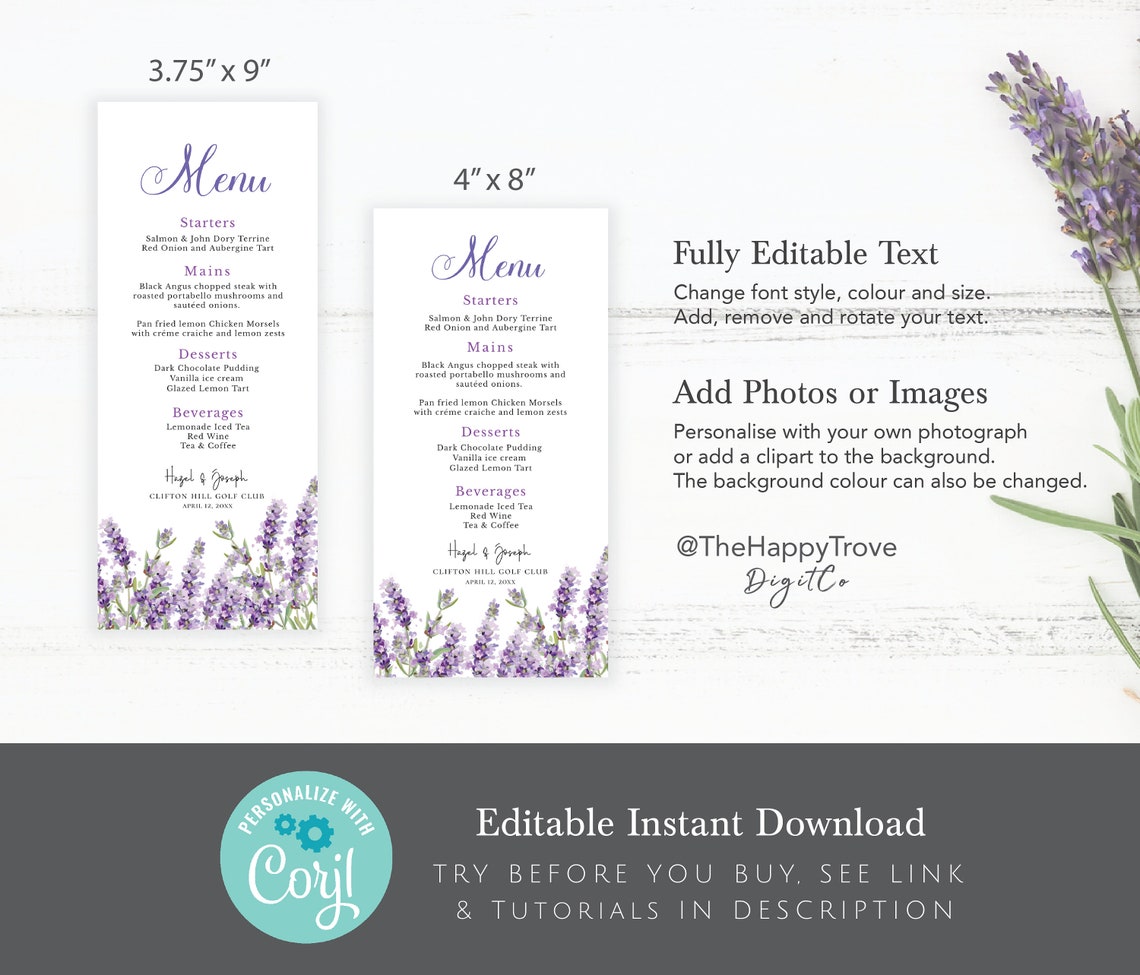 Lavender Menu Editable Digital Instant Download Template - Etsy Australia