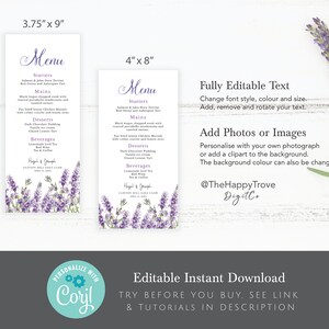 Lavender Menu, Editable Digital Instant Download, Template 3.75"x9", 4 ...