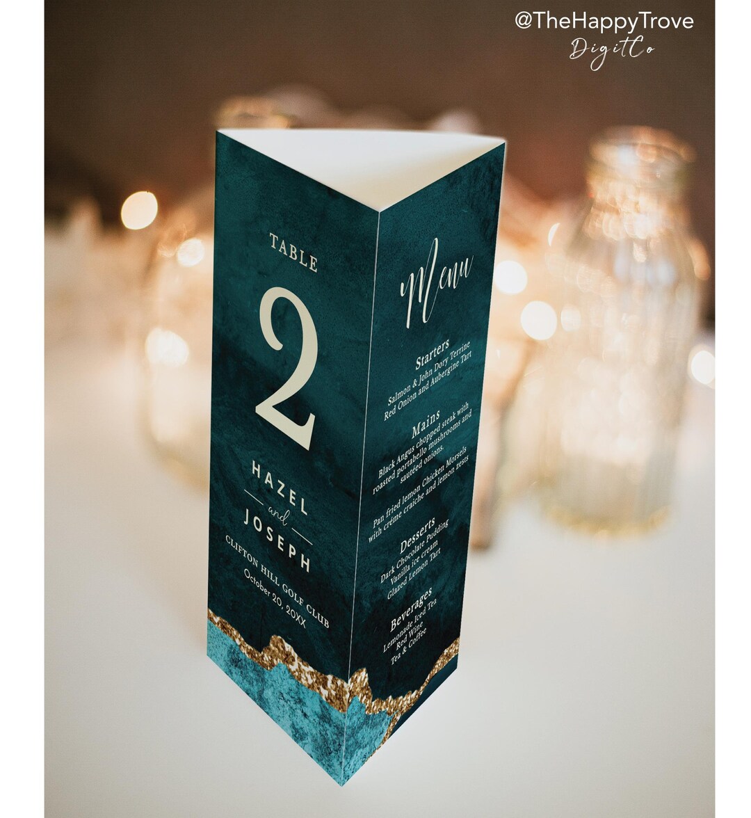 AMATA Teal & Gold Tri-fold Menu Stand, Cyan, Aqua, Turquoise and Gold ...