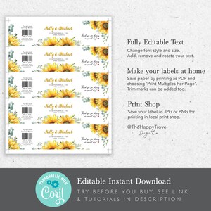 Sunflower Themed Water Bottle Label, Editable Digital Instant Download ...
