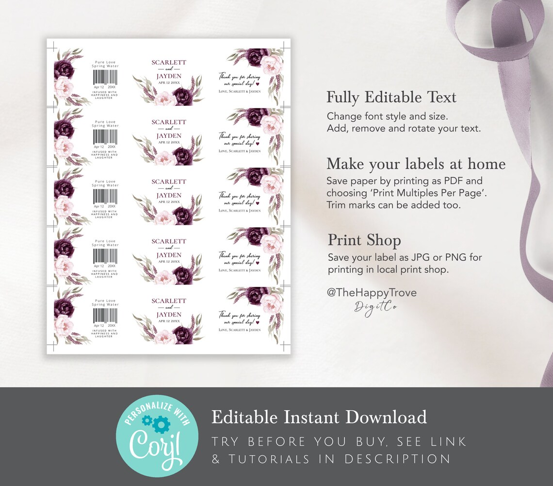 EVOLET Purple Water Bottle Label Editable Digital Instant - Etsy