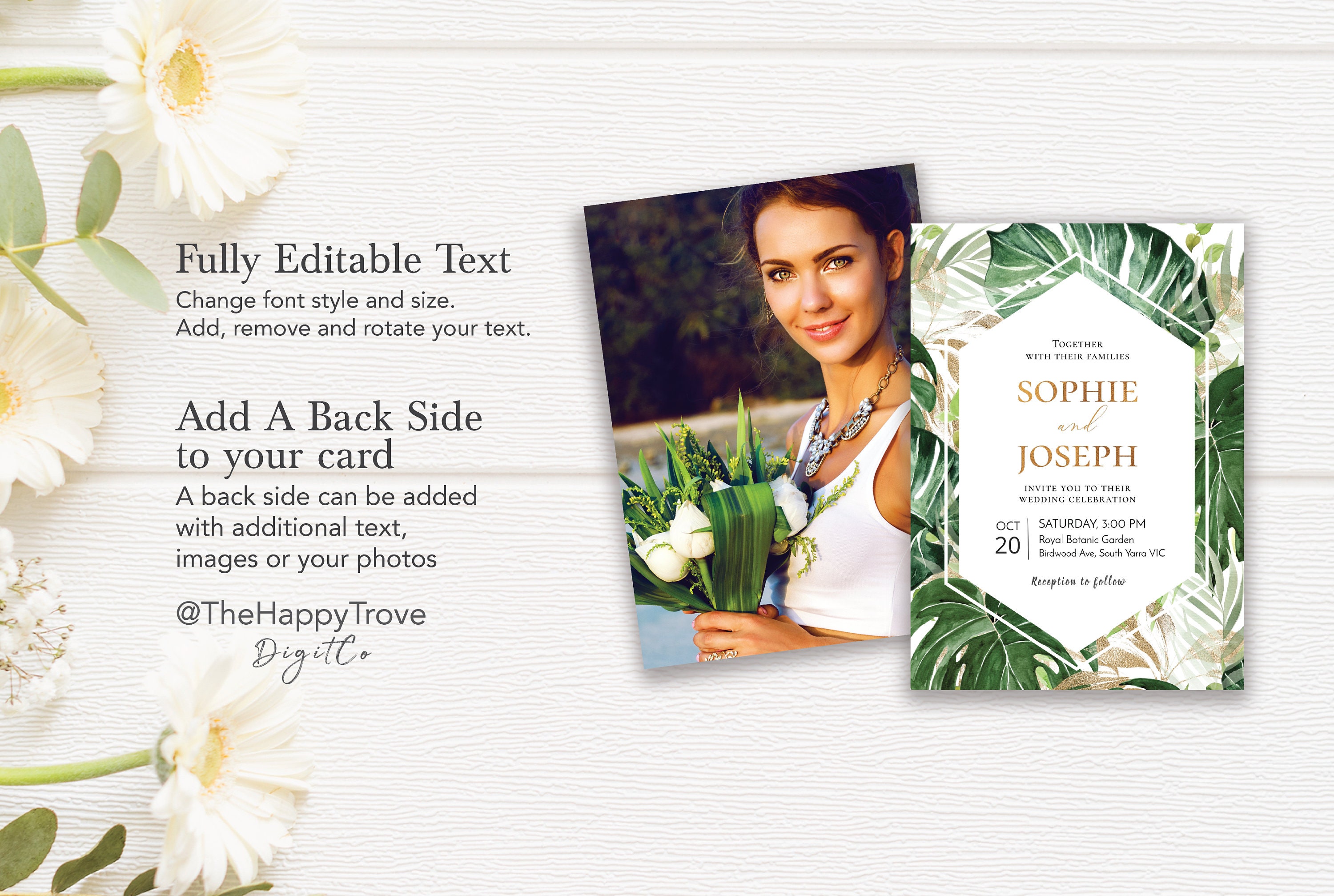 Tropical & Gold Themed Printable Wedding Invitation Set, Editable ...