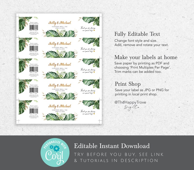 Tropical & Gold Themed Water Bottle Label Editable Digital - Etsy
